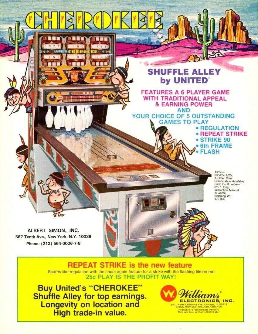Cherokee United Arcade Flyer Original 1977 NOS Shuffle Alley Bowling ...