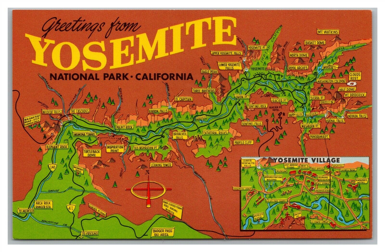 Postcard CA California Yosemite Large Letter Greetings Area Map ...