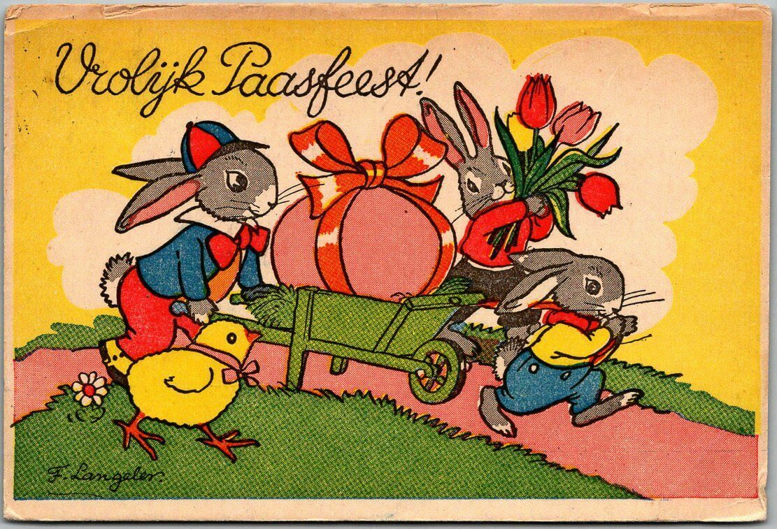 Vintage 1944 Dutch Holland EASTER Postcard DRESSED RABBITS Bunny Egg ...