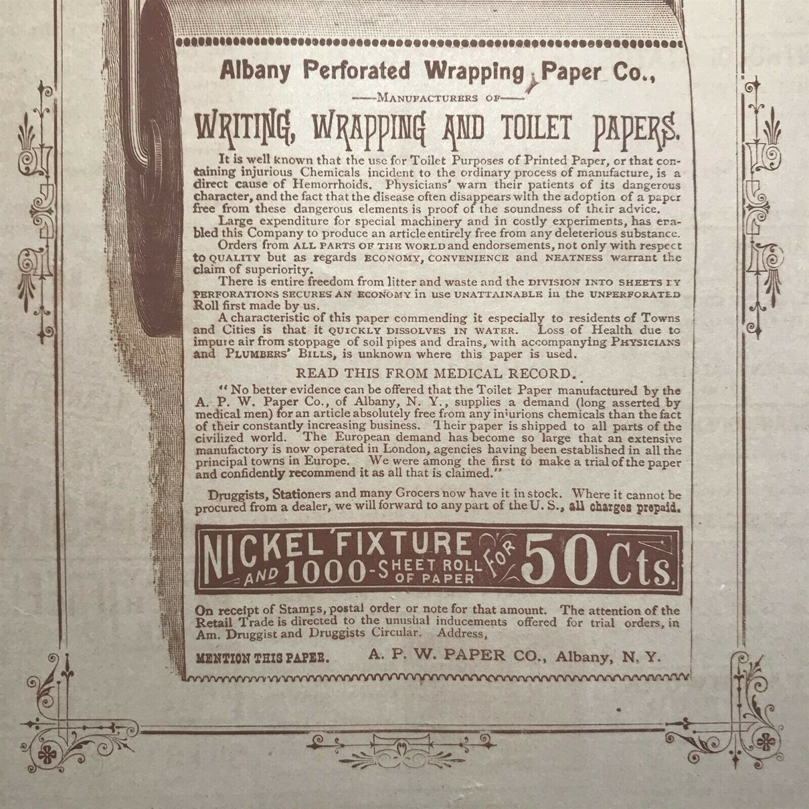 Writing, Wrapping & Toilet Paper's A.P.W. Paper Co. Victorian 1884 ...