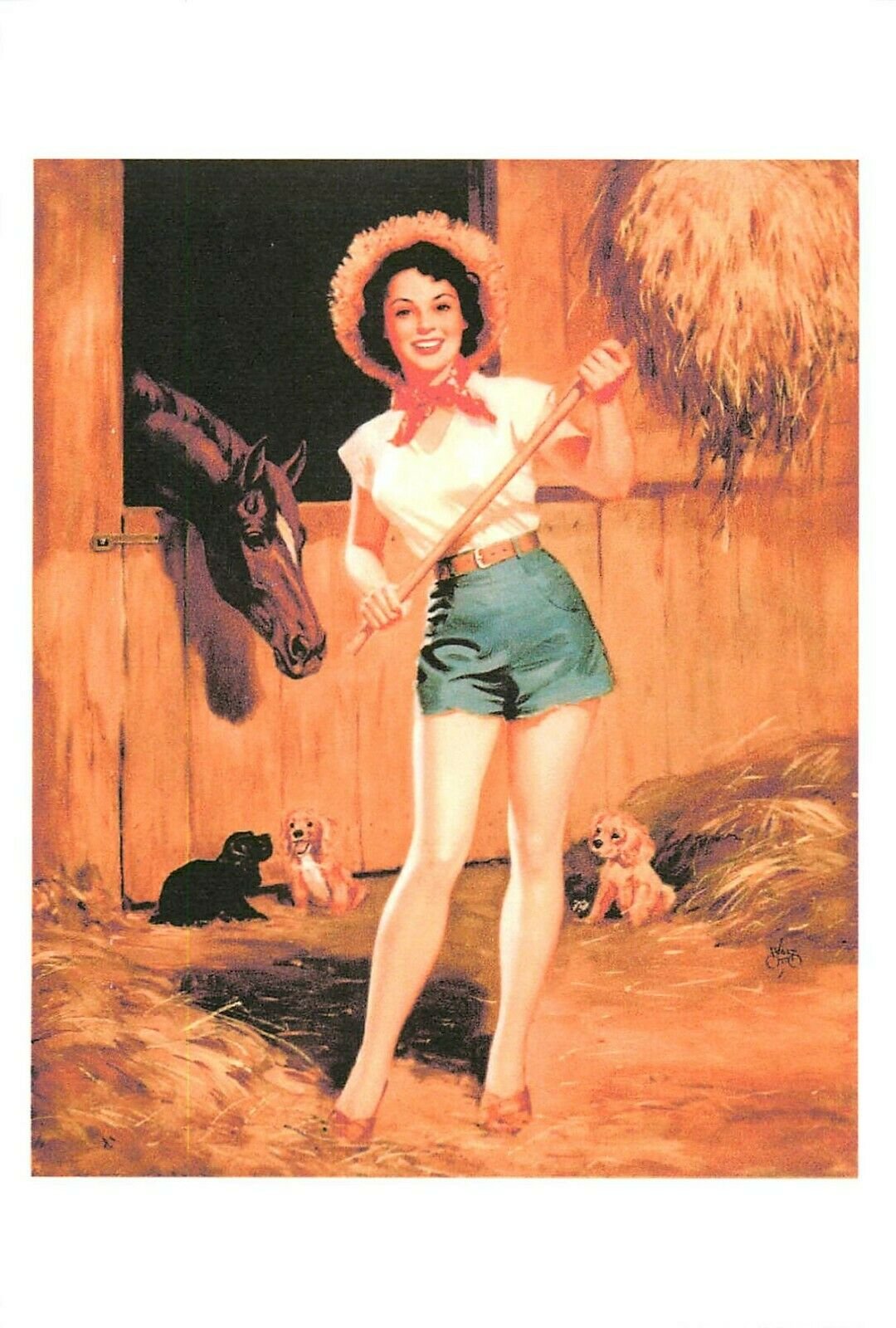 Repro postcard pinup pin up beauty barn farmer horse puppies | Topics ...