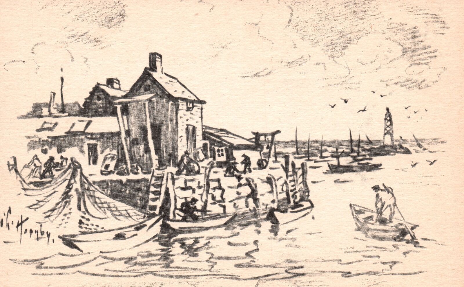 Vintage Postcard Sketch Drawing Artwork Boating Fishing Wharf Ocean ...