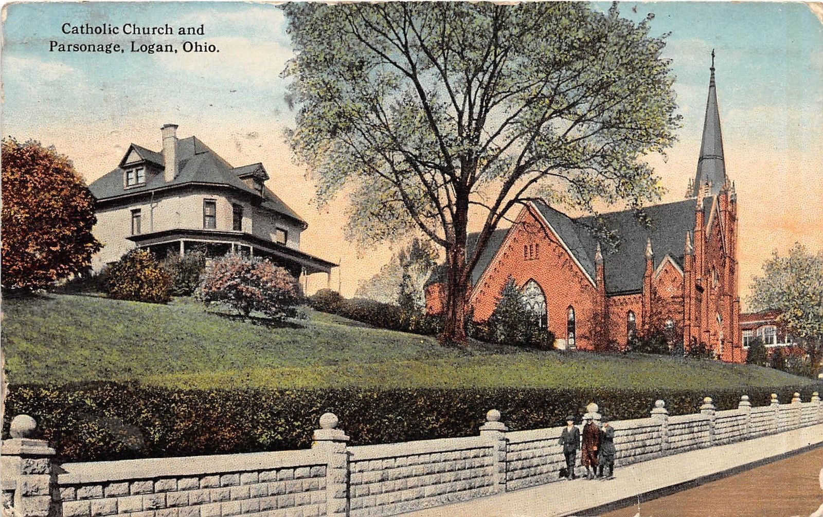 B74/ Logan Ohio Postcard 1916 Catholic Church and Parsonage Building ...