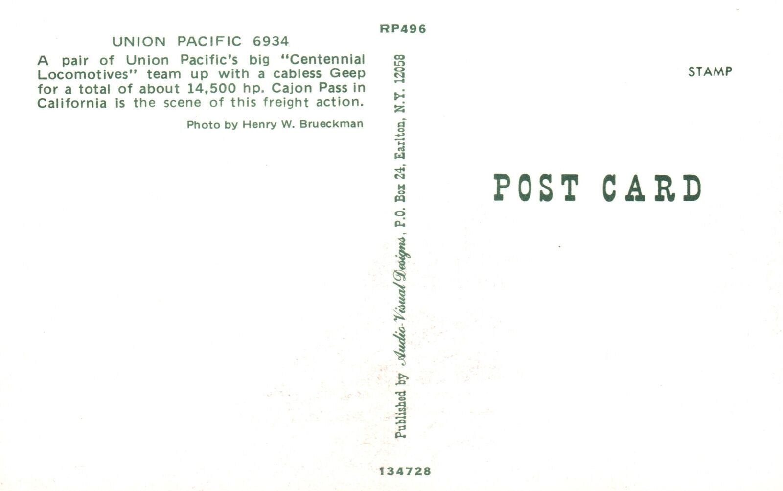 Vintage Postcard Union Pacific 6934 Big Centennial Locomotive Cabless ...