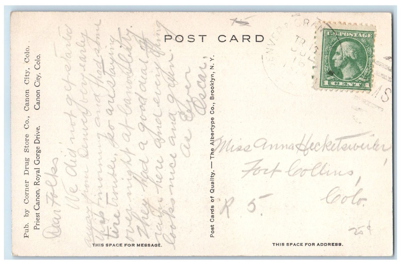 1910 Priest Canon Royal Gorge Drive Scene Canon City Colorado CO Posted ...