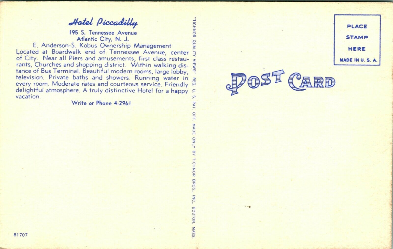 Vtg Leinen Postkarte - Hotel Piccadilly Atlantik Stadt Nj Neu Trikot ...