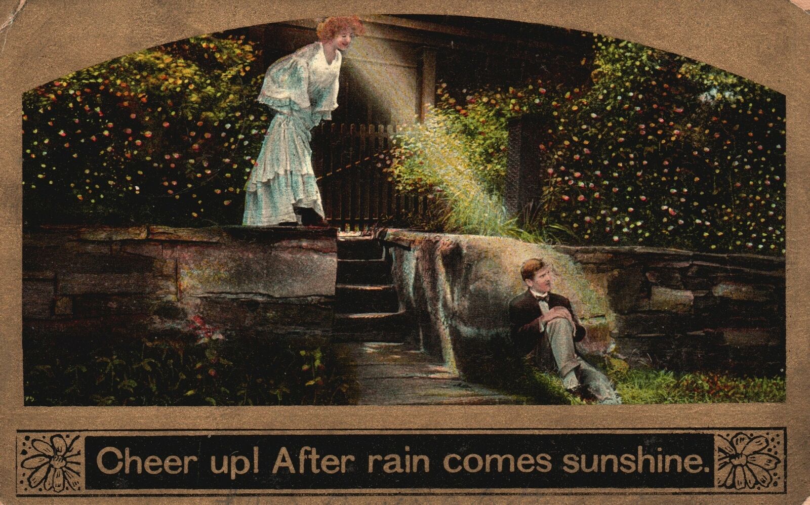 Vintage Postcard 1910's Girl Sneaking Out Cheer Up! After Rain Comes ...