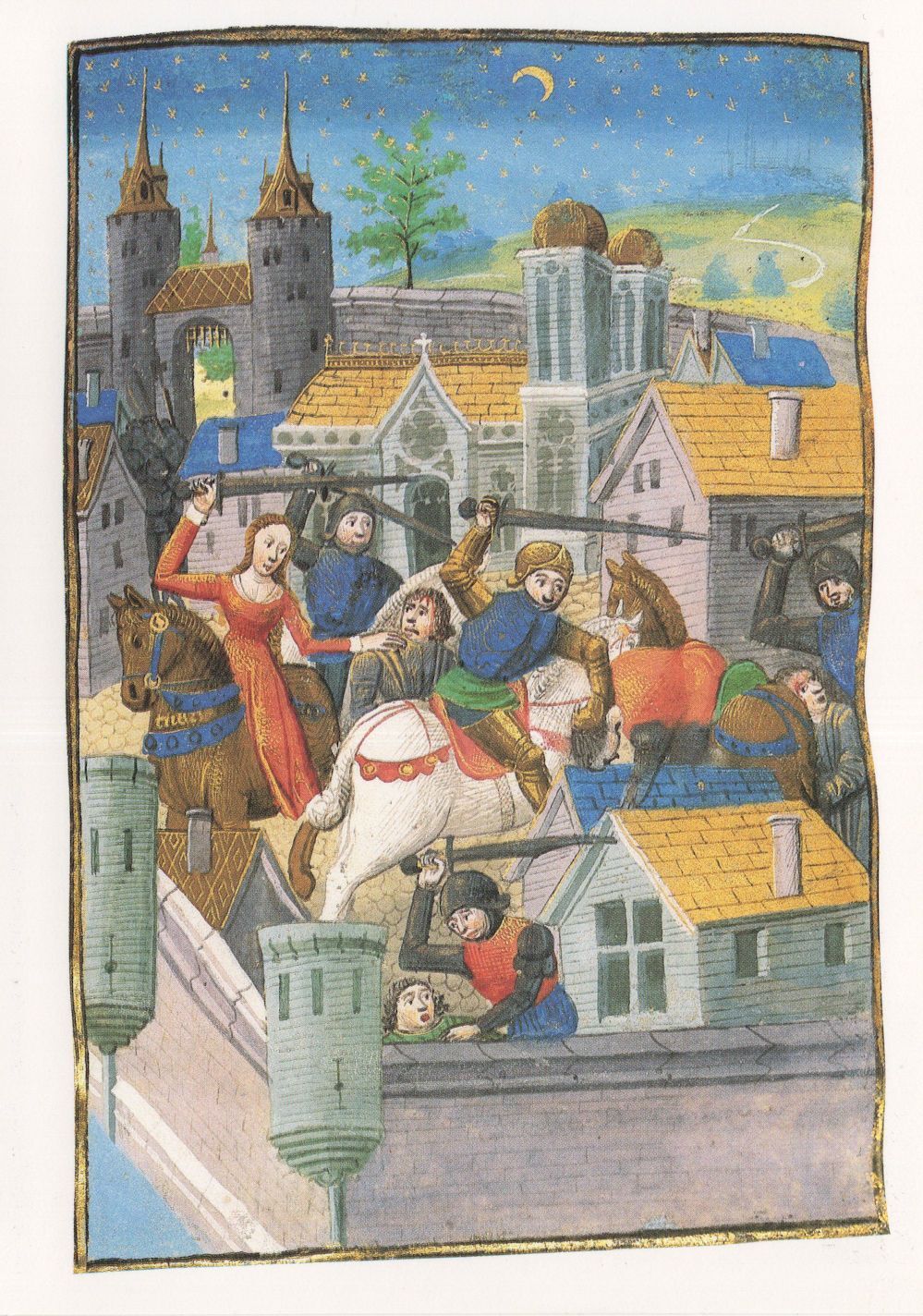 Medieval Woman Protecting Castle Battle Knights Painting Postcard ...