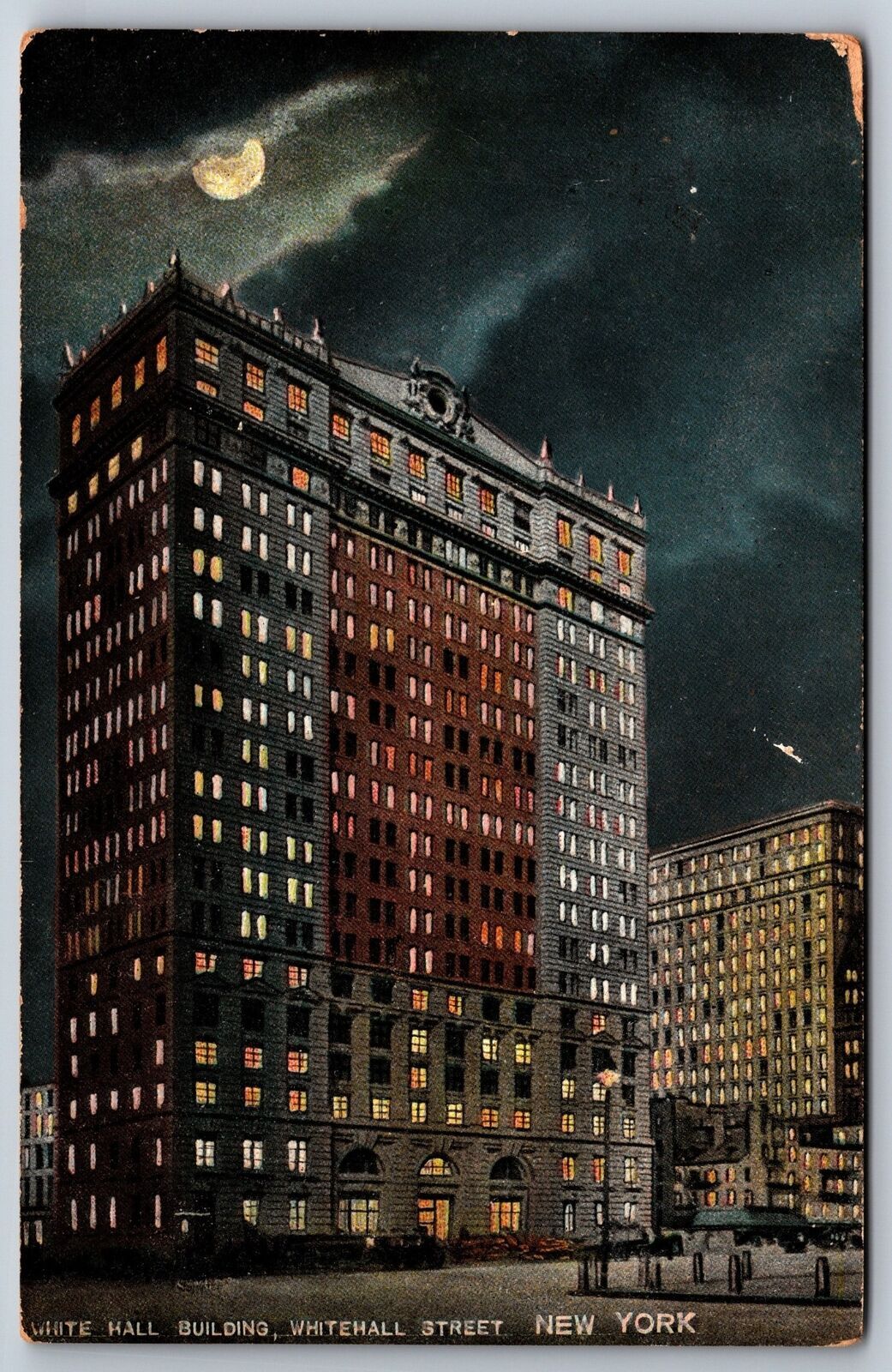 Vintage Postcard 1907 White Hall Building at Night Whitehall Street New ...