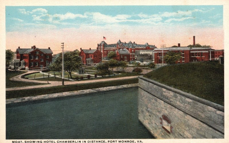 Vintage Postcard 1920's Moat Showing Hotel Chamberlin in Distance Fort ...