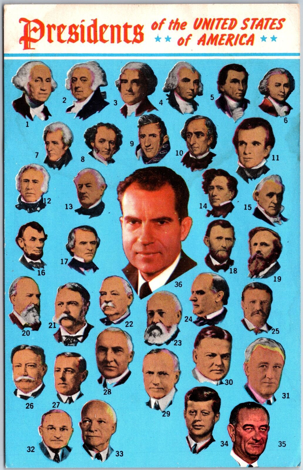 Vintage Postcard the 36 U.S. Presidents From Washington to Nixon [Rear ...