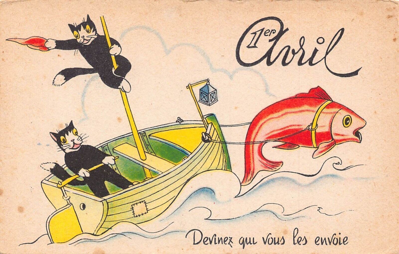 L081 1st April Fool's Day Cats Boat catching big fish comic humor ...