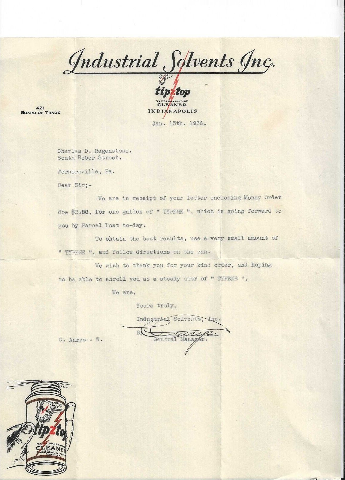 1936 Industrial Solvents TIP Z TOP Typene Letter Brochure Envelope LOT ...