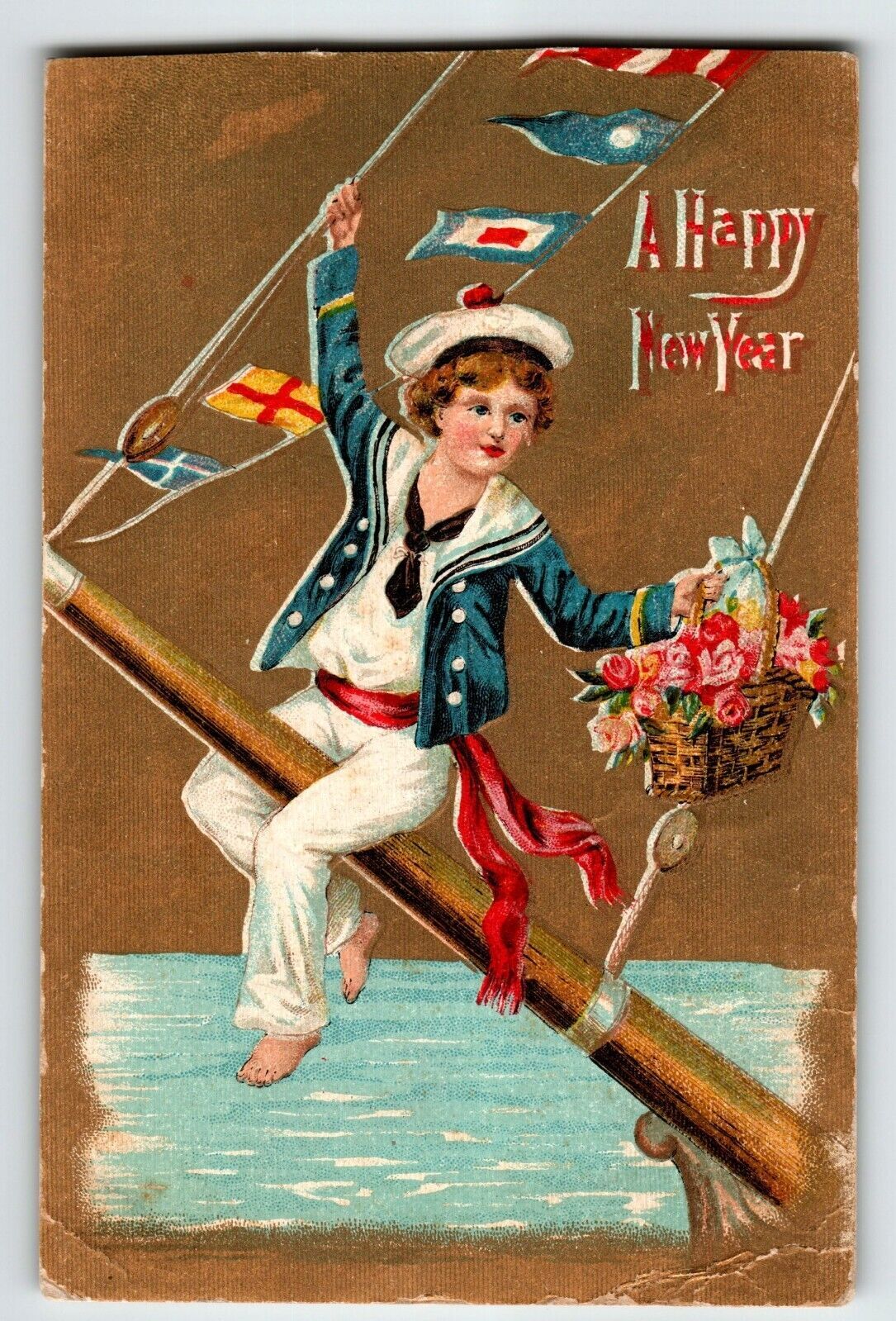 New Year Postcard Girl In Sailor Suit Ship Flags Water Flowers TRIMMED ...