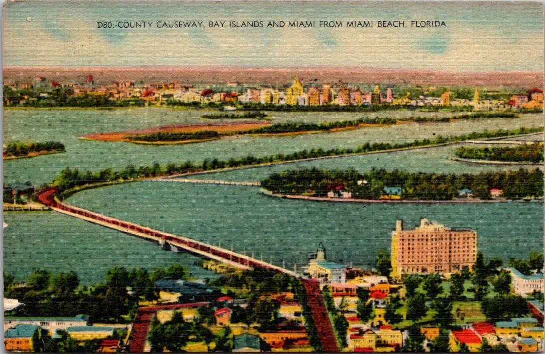 Florida Miami County Causeway & Bay Islands From Miami Beach 1945 ...