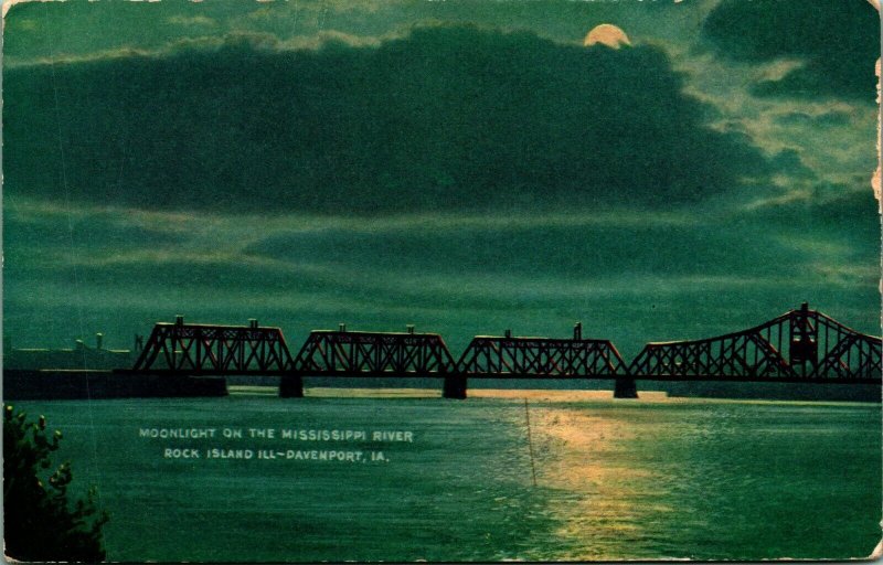 Moonlight on the Mississippi River Rock Island IL Railroad Bridge Vtg ...