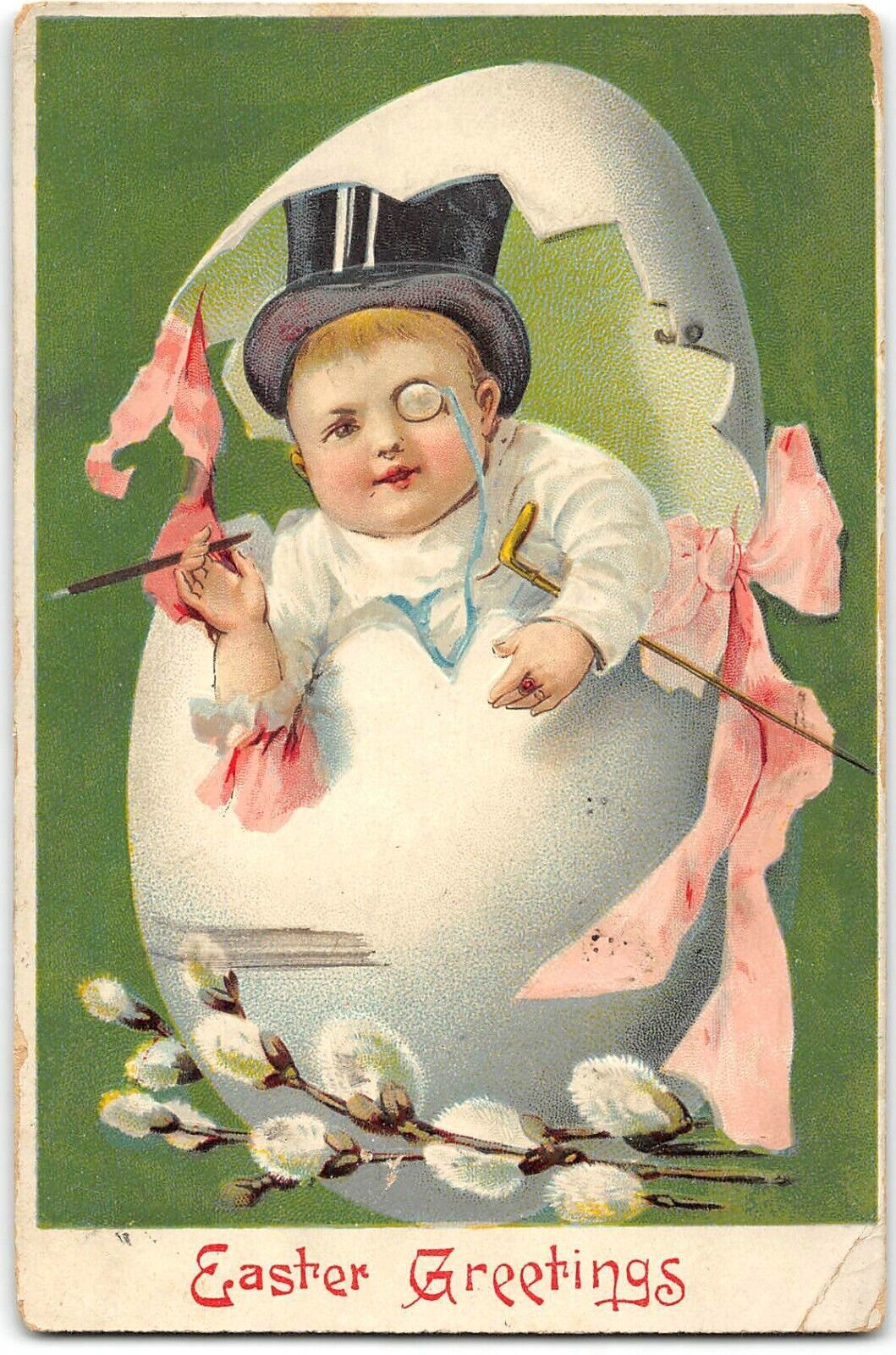 Boy Top Hat Cigar Monocle EASTER GREETINGS Egg Embossed 1909 Vintage ...