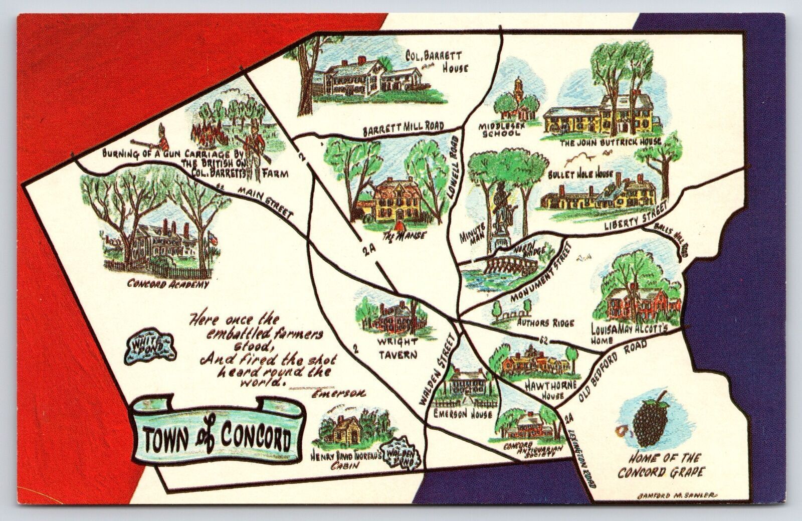 Maps Town Landmarks And Famous Places Concord Massachusetts MA Postcard ...