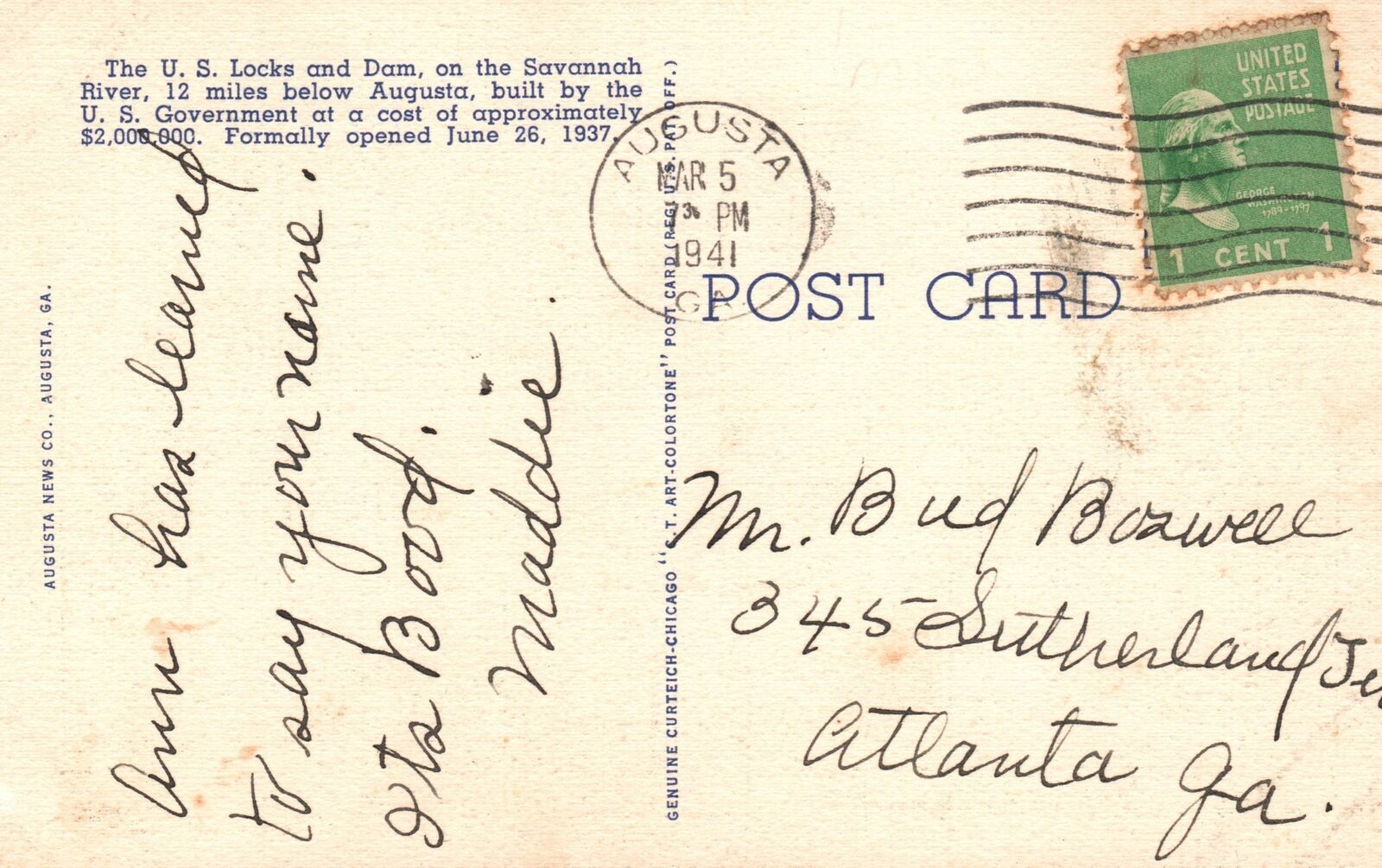 Vintage Postcard 1941 U. S. Locks & Dam On The Savannah River Augusta ...