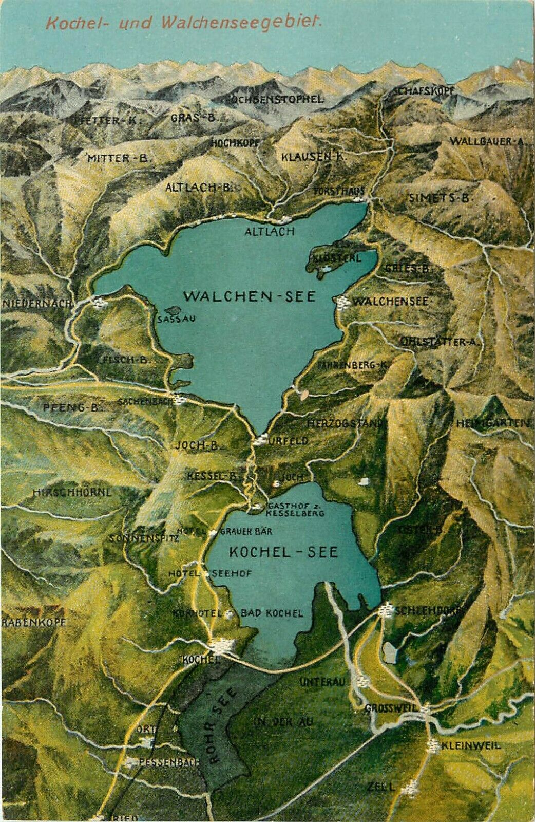 Vintage Postcard; Kochel-see & Walchen-see Illustrated Map Bavarian ...