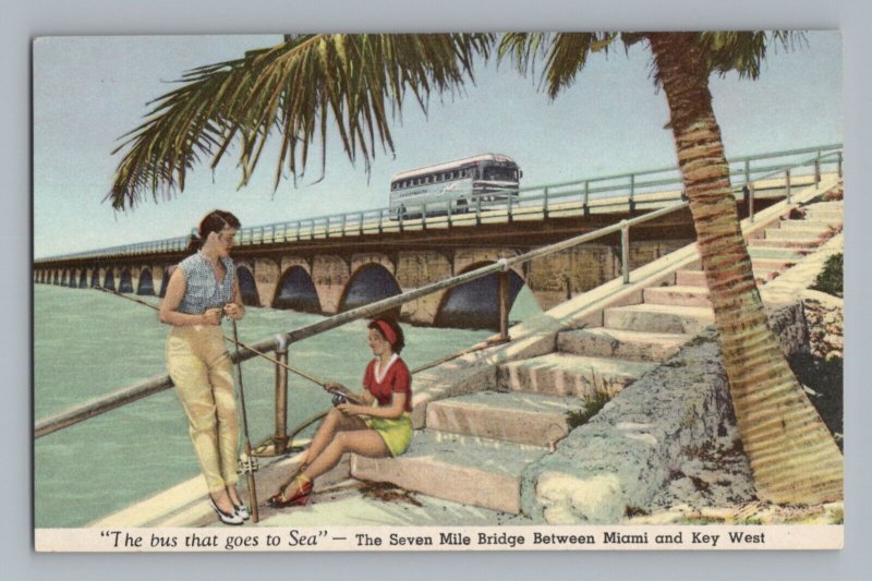Bus Goes to Sea Seven Mile Bridge Fish Miami Key West Florida Vintage ...