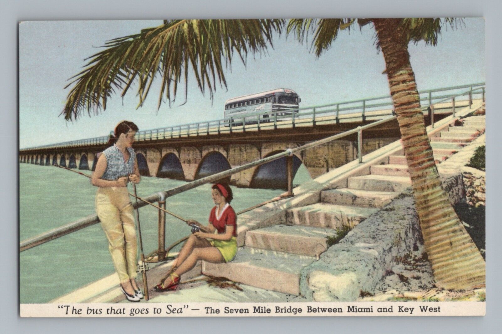 Bus Goes to Sea Seven Mile Bridge Fish Miami Key West Florida Vintage ...