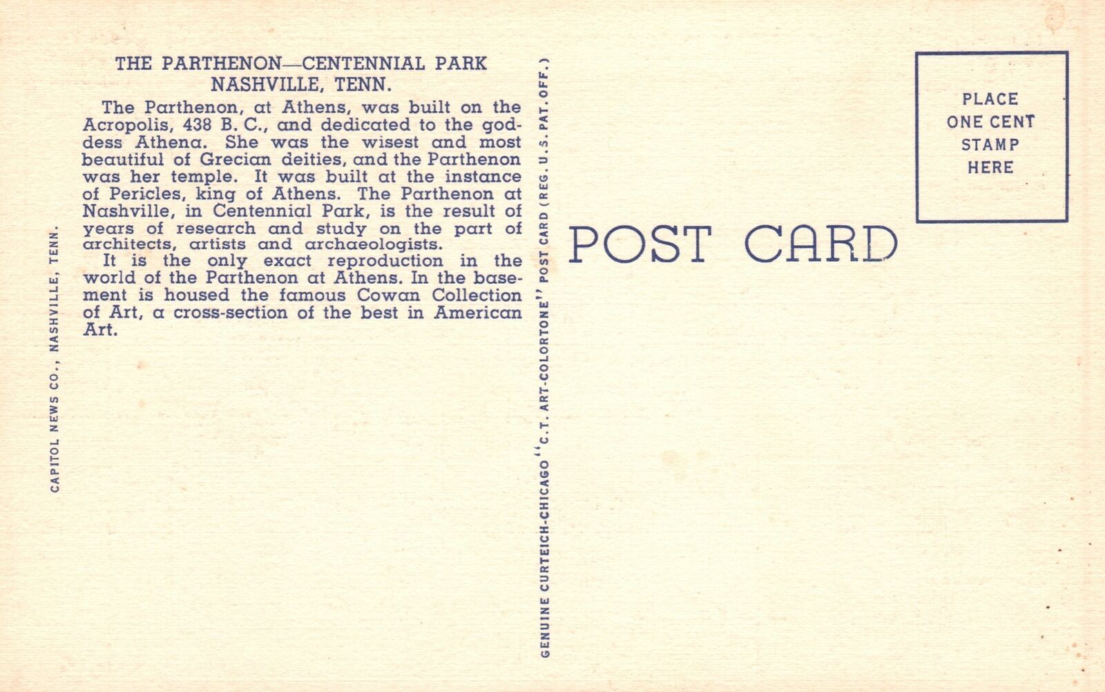 Vintage Postcard 1930's The Parthenon Athens Centennial Park Nashville ...