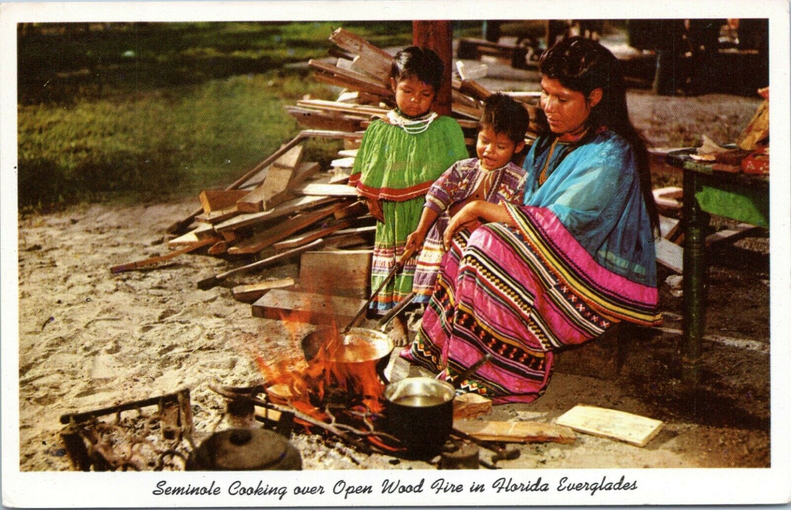 postcard Florida Native American - Seminole woman and children cooking ...