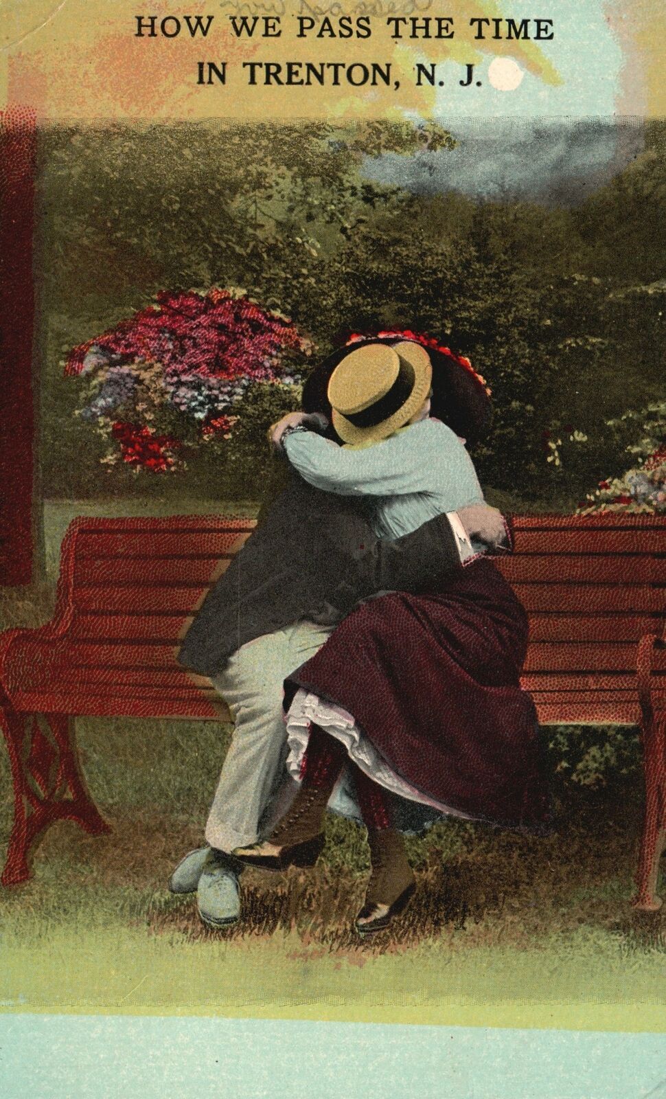 Vintage Postcard Lovers Couple On Bench Kissing Hugging Cuddling ...