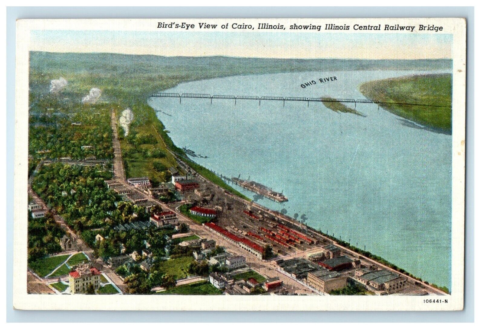 Bird's Eye View Of Cairo IL, Illinois Central Railway Bridge Ohio River ...