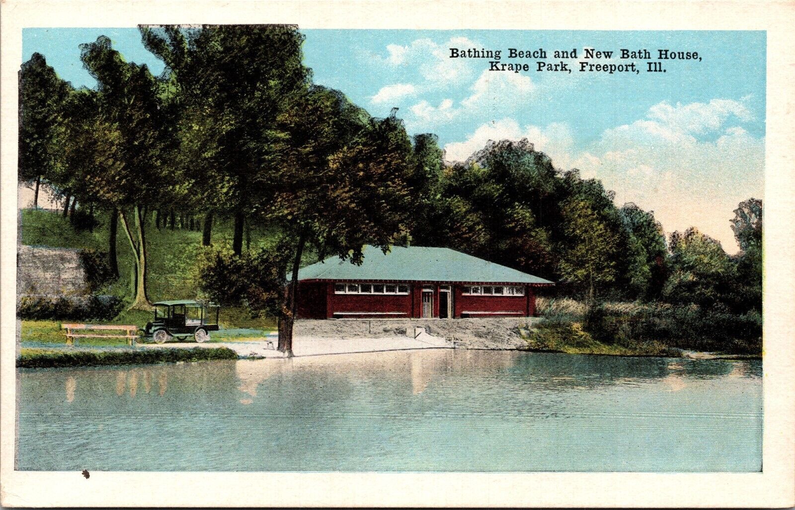 Postcard IL Freeport Bathing Beach & New Bath House Krape Park Old Car ...