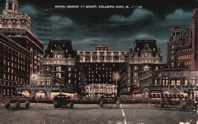 Vintage Postcard 1940 Hotel Dennis Building At Night Atlantic City New ...