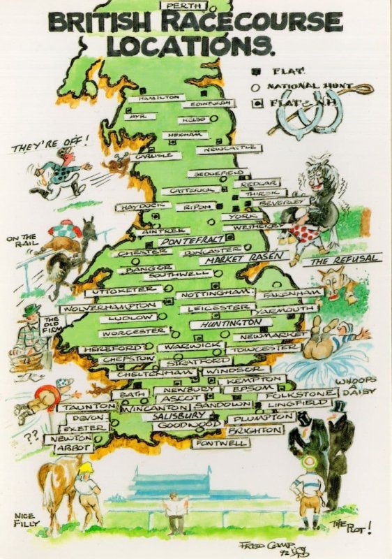 British Horse Race Racing Locations Map Rare Comic 1980s Postcard ...