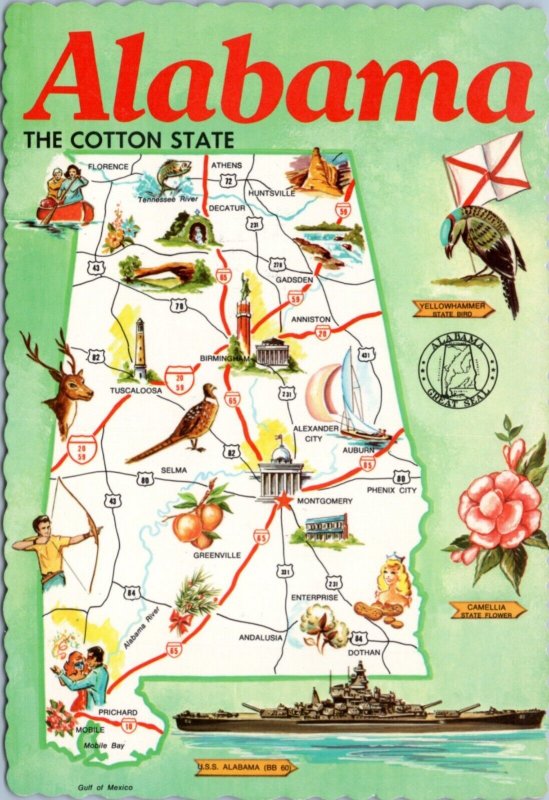 Postcard Map Alabama The Cotton State - highway map with tourist spots ...