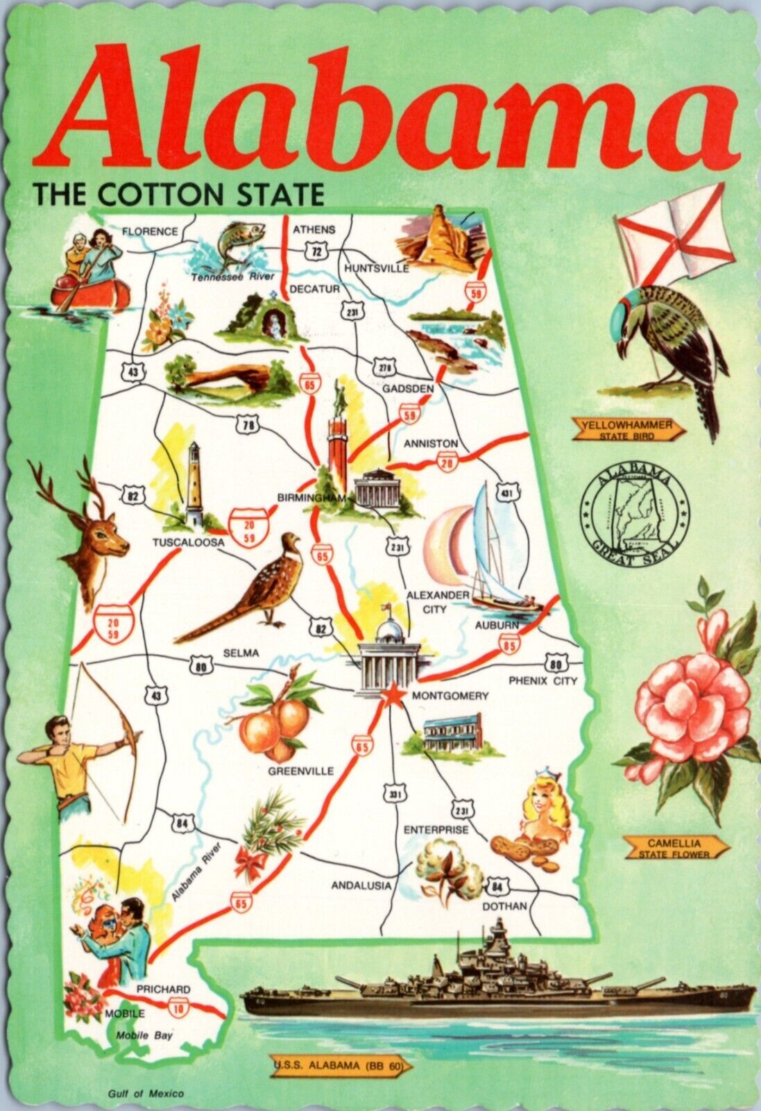 Postcard Map Alabama The Cotton State - highway map with tourist spots ...