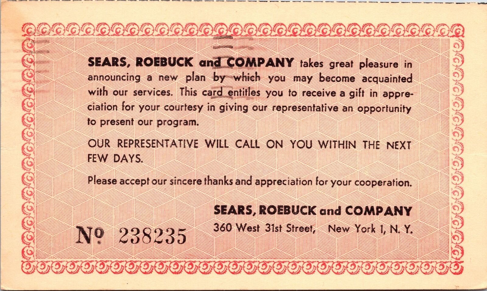 Vintage Postal Card 1956 Sears Roebuck and Company Coupon Numbered New ...