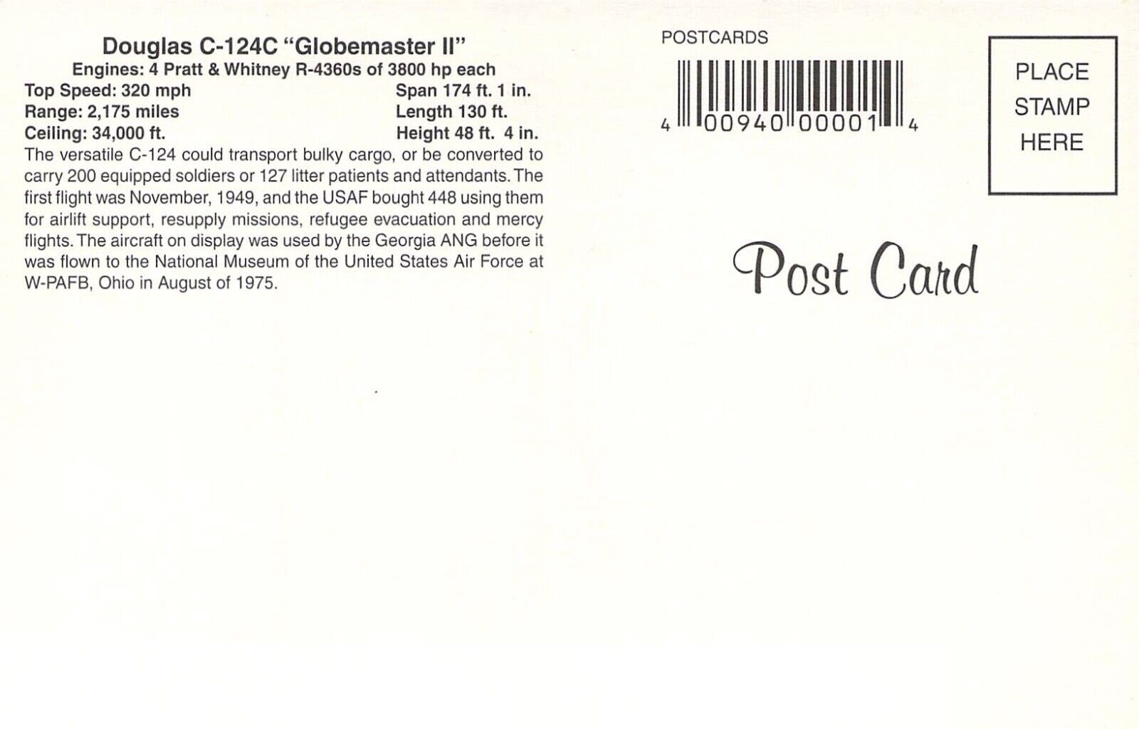 Cold War Era, Vietnam War Era, Douglas C-124C Globemaster II, ,Postcard ...