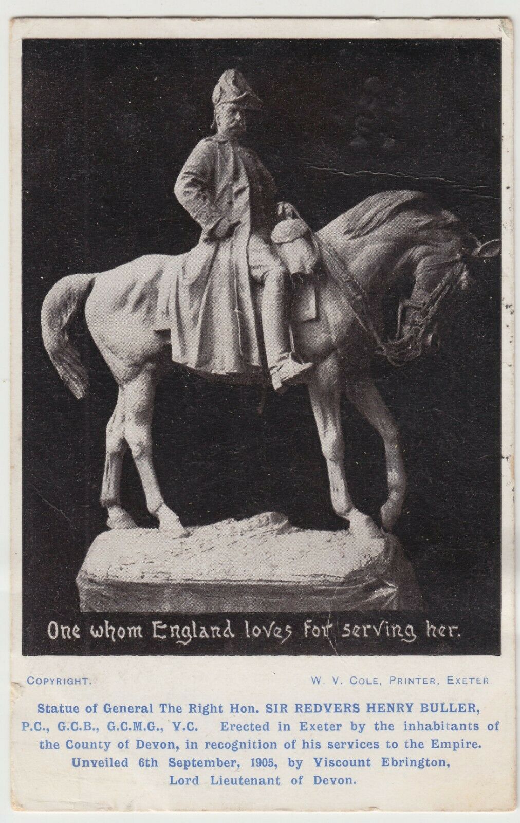 Devon; The Buller Statue, Unveiled 6-9-1905 PPC, 1905, To S Wills ...