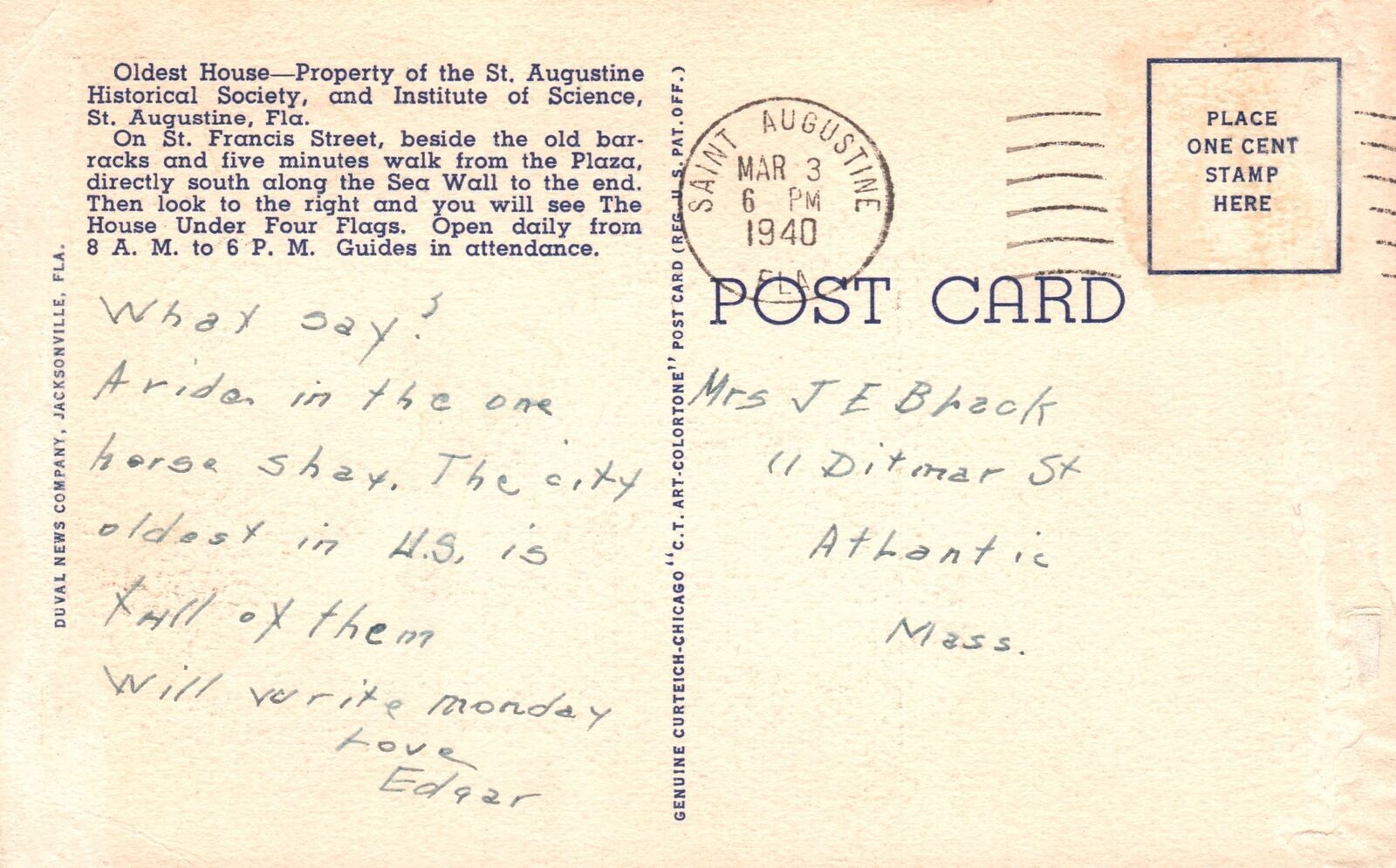 Vintage Postcard 1940's Oldest House St. Francis Street St. Augustine ...