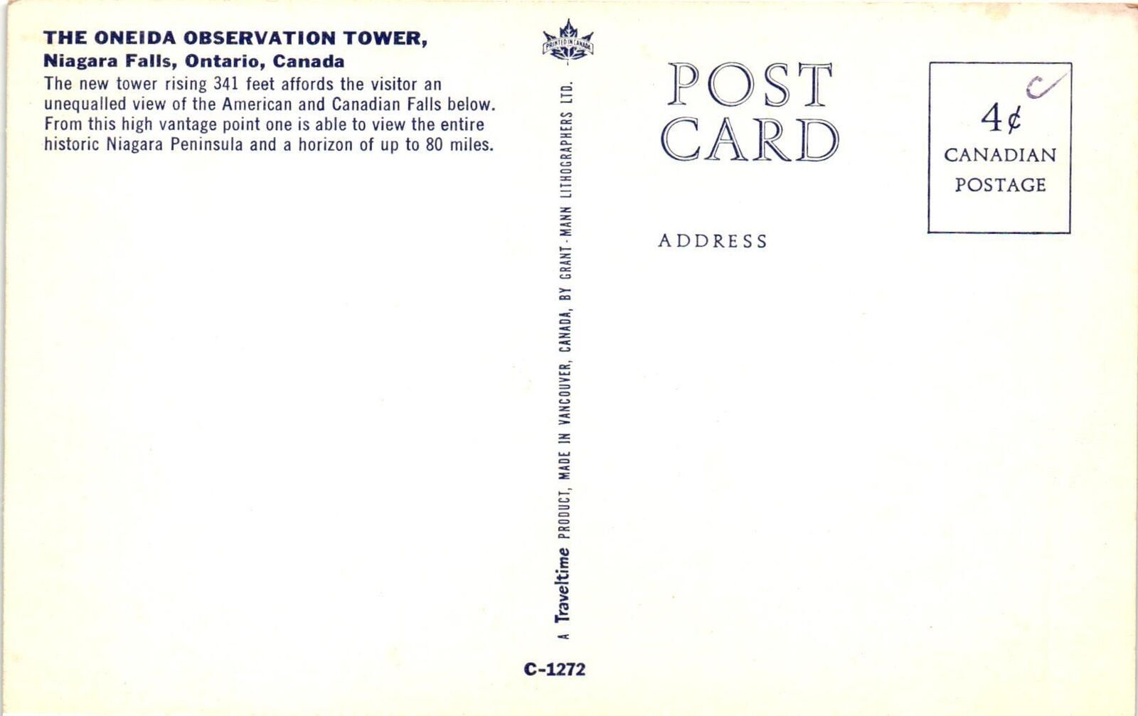 Vintage Postcard- the Oneida Observation Tower, Niagara Falls, Ontario ...