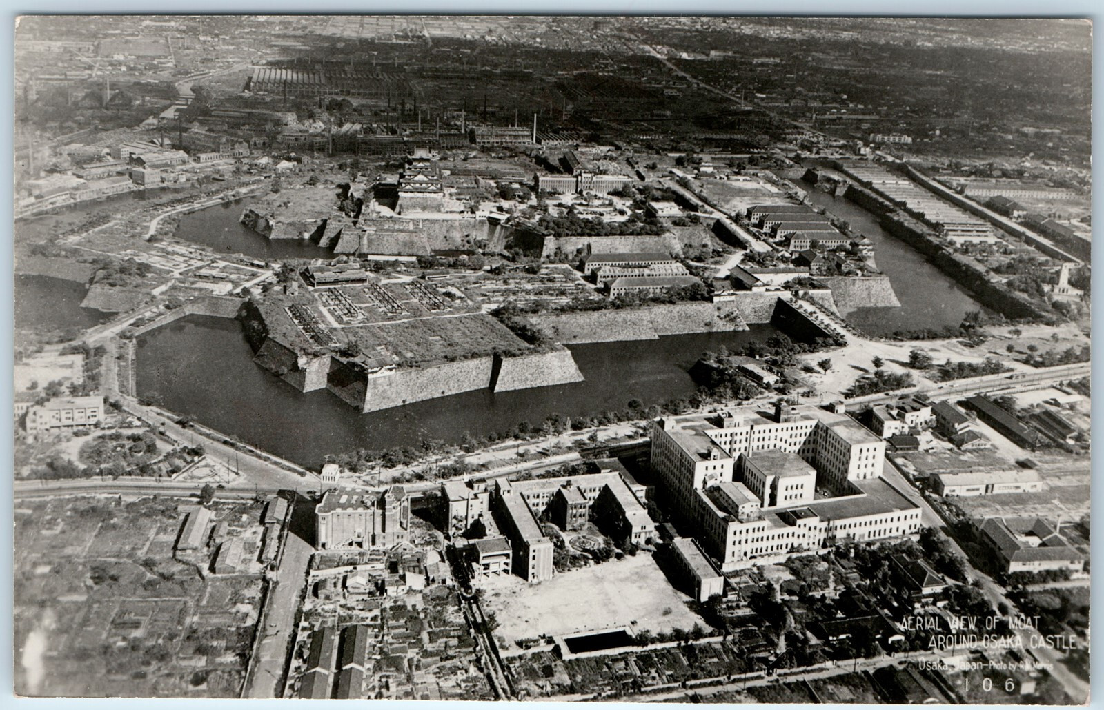 c1950s Osaka, Japan Star Fort Castle Moat RPPC Birds Eye Ancient City ...