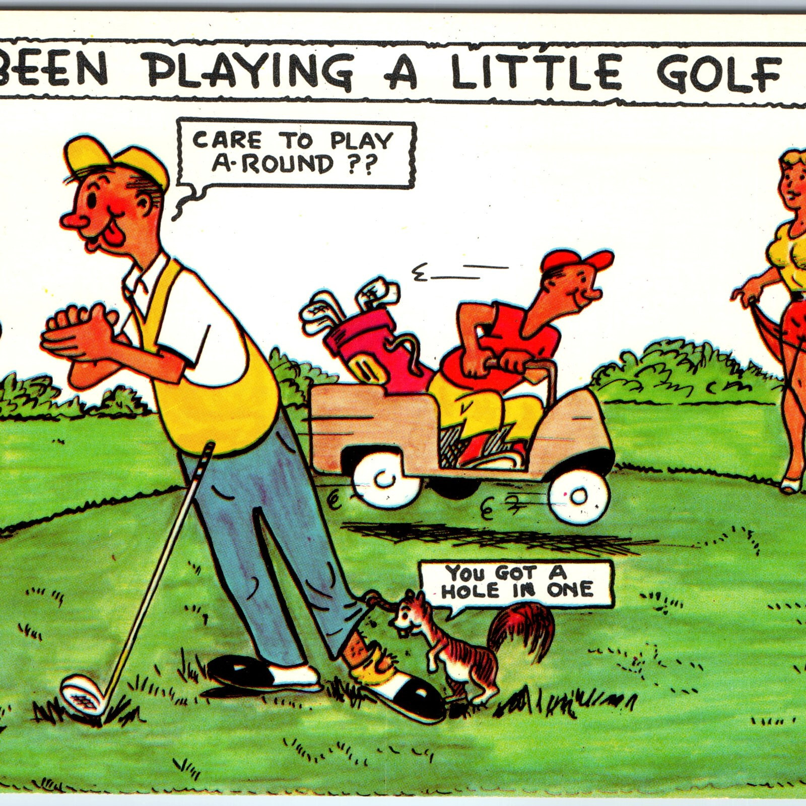 c1960s Comic Playing Golf Course Goofy Men PC Cute Girl Sketch Art Cart ...