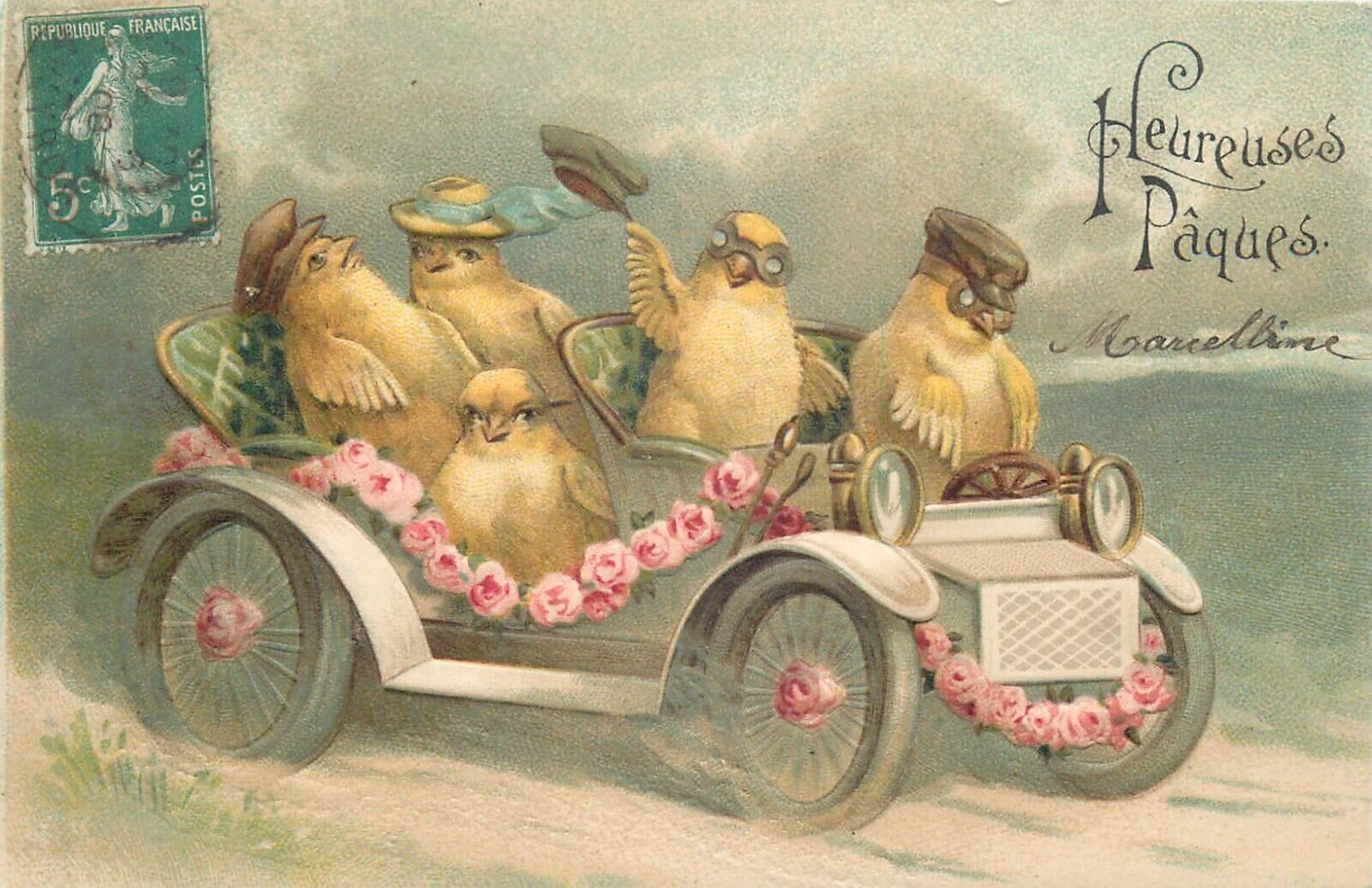 Embossed humanized Easter chicken automobile 1908 greetings postcard ...