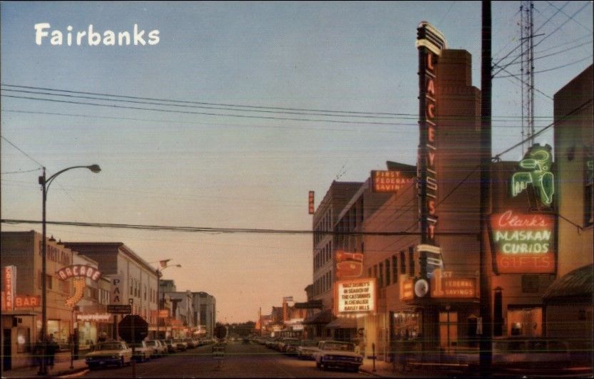 Fairbanks AK Street Scene at Night Neon Signs c1950s Postcard #1 ...