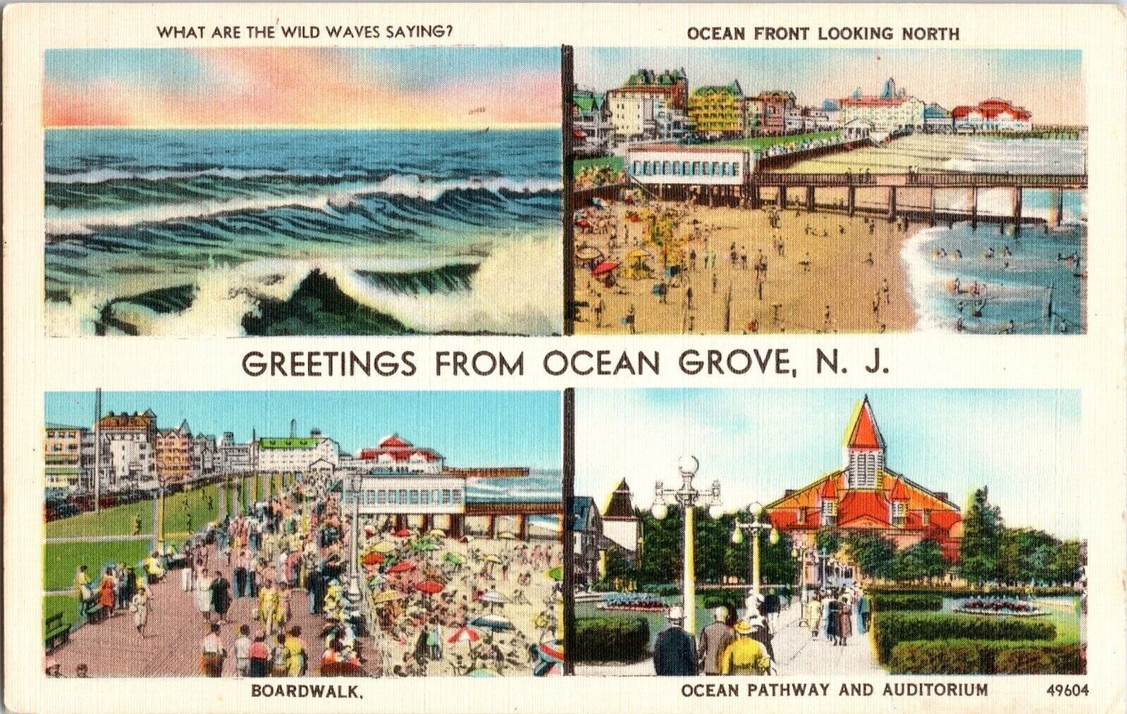 Ocean Grove N.J. Waves Boardwalk Auditorium Greetings Linen WOB ...