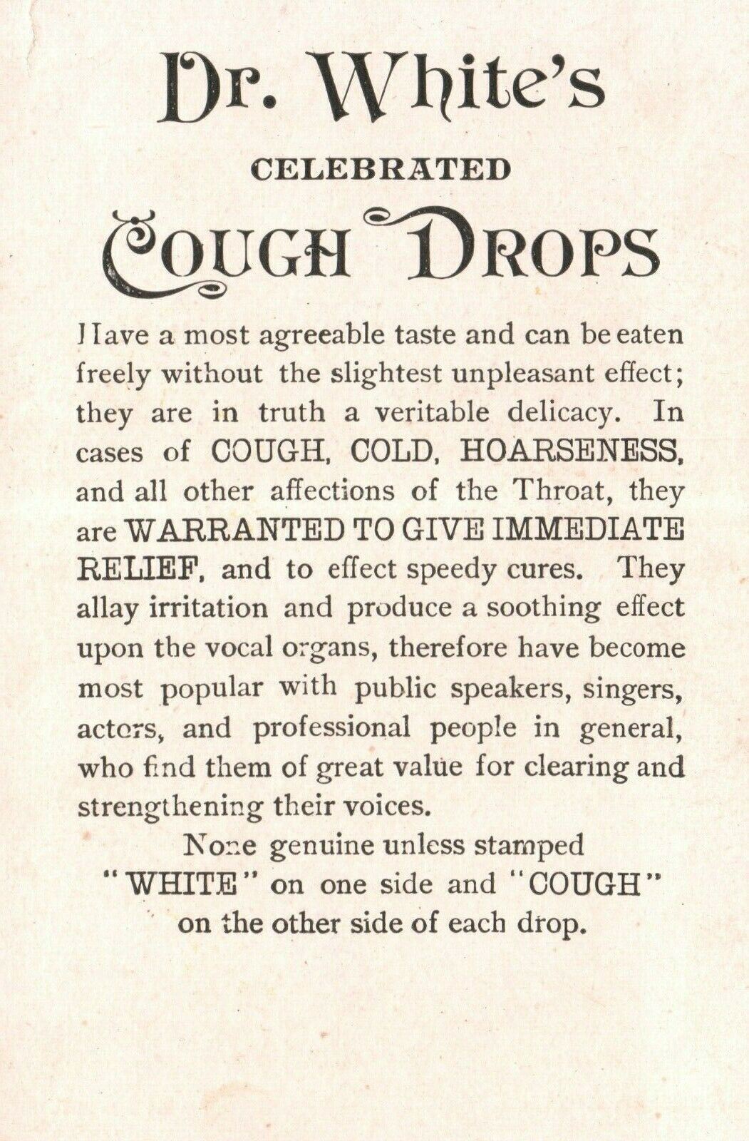 1880s-90s Dr. Whites Celebrated Cough Drops Hoarseness Trade Card ...