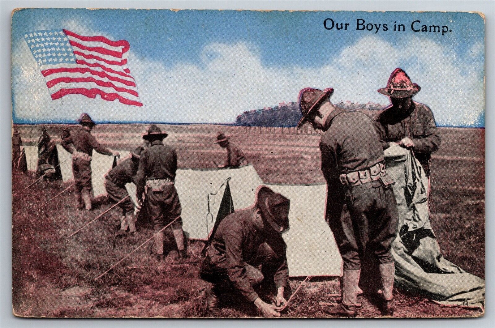 WWI Soldier Boys Setting Up Base Camp Pup Tents Flag 48 Stars C1918 ...