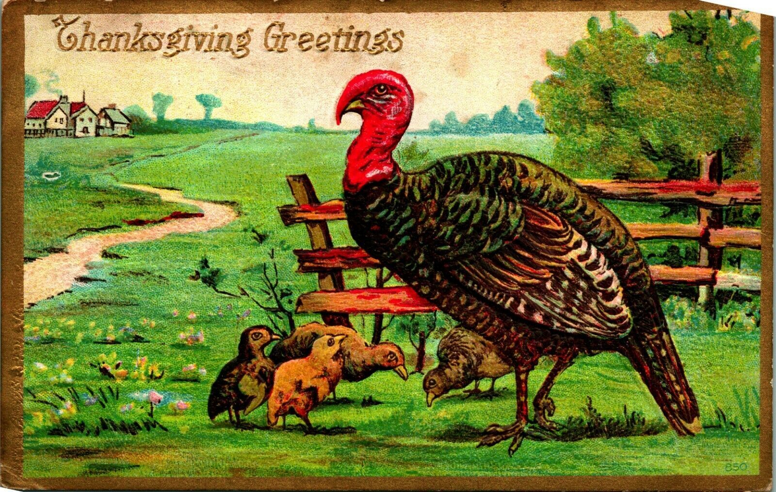 Acción de Gracias Saludos Turquía Y Pollitos Encendido Granja Relieve ...