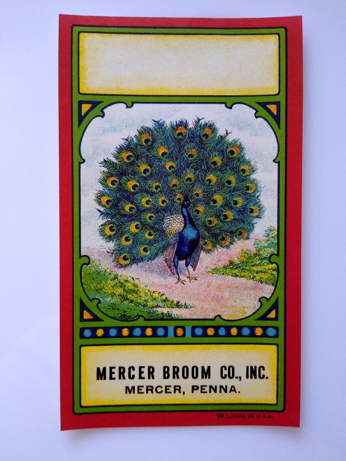 Mercer Broom Label Peacock Bird Original Vintage UNUSED Lithograph ...