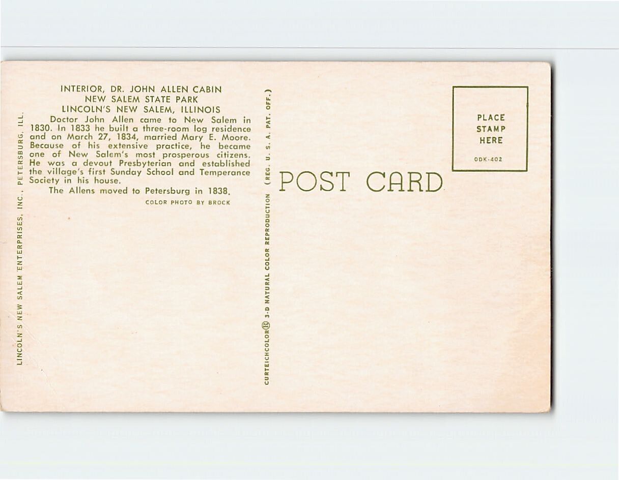 Postcard Interior, Dr. John Allen Cabin, New Salem State Park, New ...